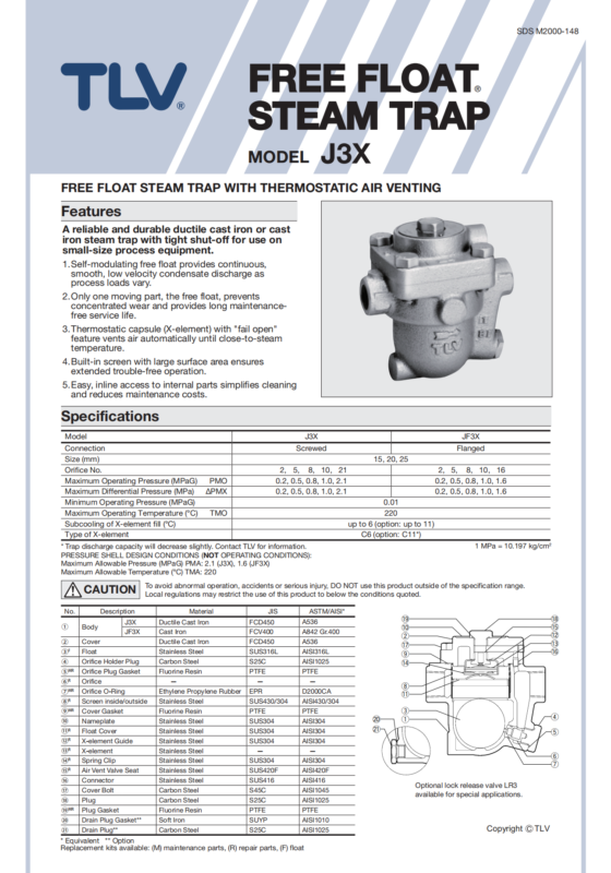 TLV J3X JF3X-10 DN25 PN16 Free Float Steam Trap for 1.8m Single Facer ...