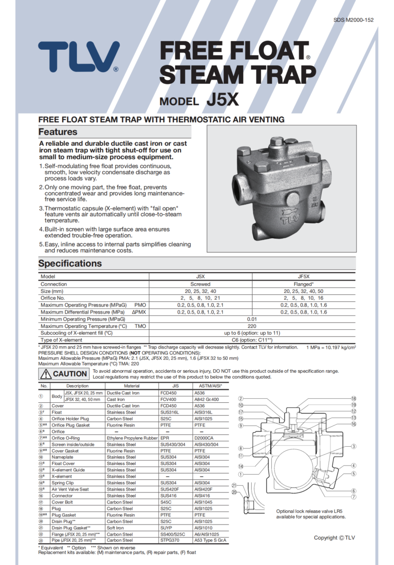 TLV J5X JF5X-10 DN25 PN16 Free Float Steam Trap for 2.5m Single Facer ...